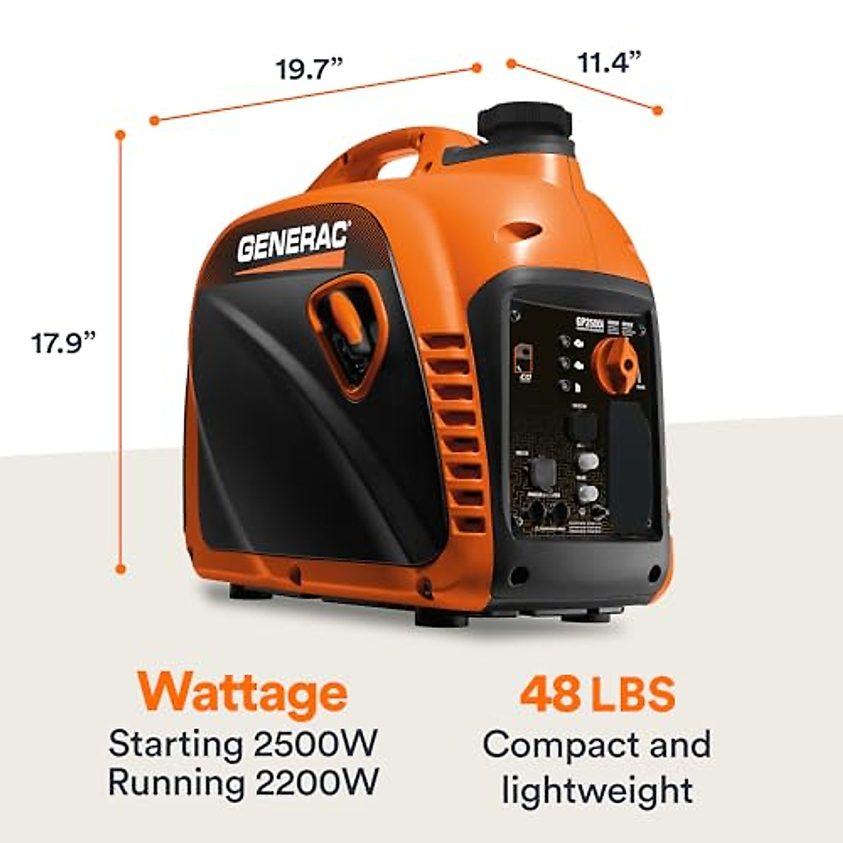 Generac 8251 GP2500i 2,500-Watt Gas Powered Portable Inverter Generator - Compact and Lightweight Design - Produces Clean, Stable Power - COsense Technology - CARB Compliant - Orange/Black