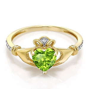 Gem Stone King 10K Yellow Gold Green Peridot and Diamond Accent Irish Celtic Claddagh Ring For Women (0.89 Cttw, Heart Shape 6MM, Available in size 5, 6, 7, 8, 9)