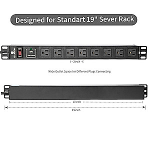 KUEEN 19" 1U Rack Mount PDU Power Strips,Server Rack Power Distribution Unit, 8 Power outlets,16AWG SJT 6.6ft Cord,1U/15A/125V, Aluminum Alloy with Surge Protector and Circuit Breaker on/Off Switch
