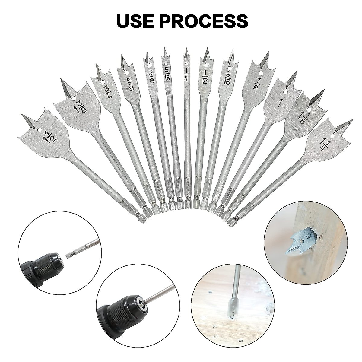 GMTOOLS 13 Piece Spade Drill Bit Sets, Paddle Flat Bit for Hole Cutter Woodworking, 1/4" to 1-1/2", Carbon Steel Paddle Flat Bit with Quick Change Shank, Nylon Storage Pouch Included