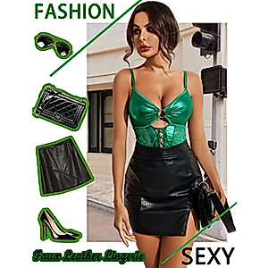Avidlove Leather Lingerie For Women Lace Bodysuit Satin Teddy With Garter Belts Green L