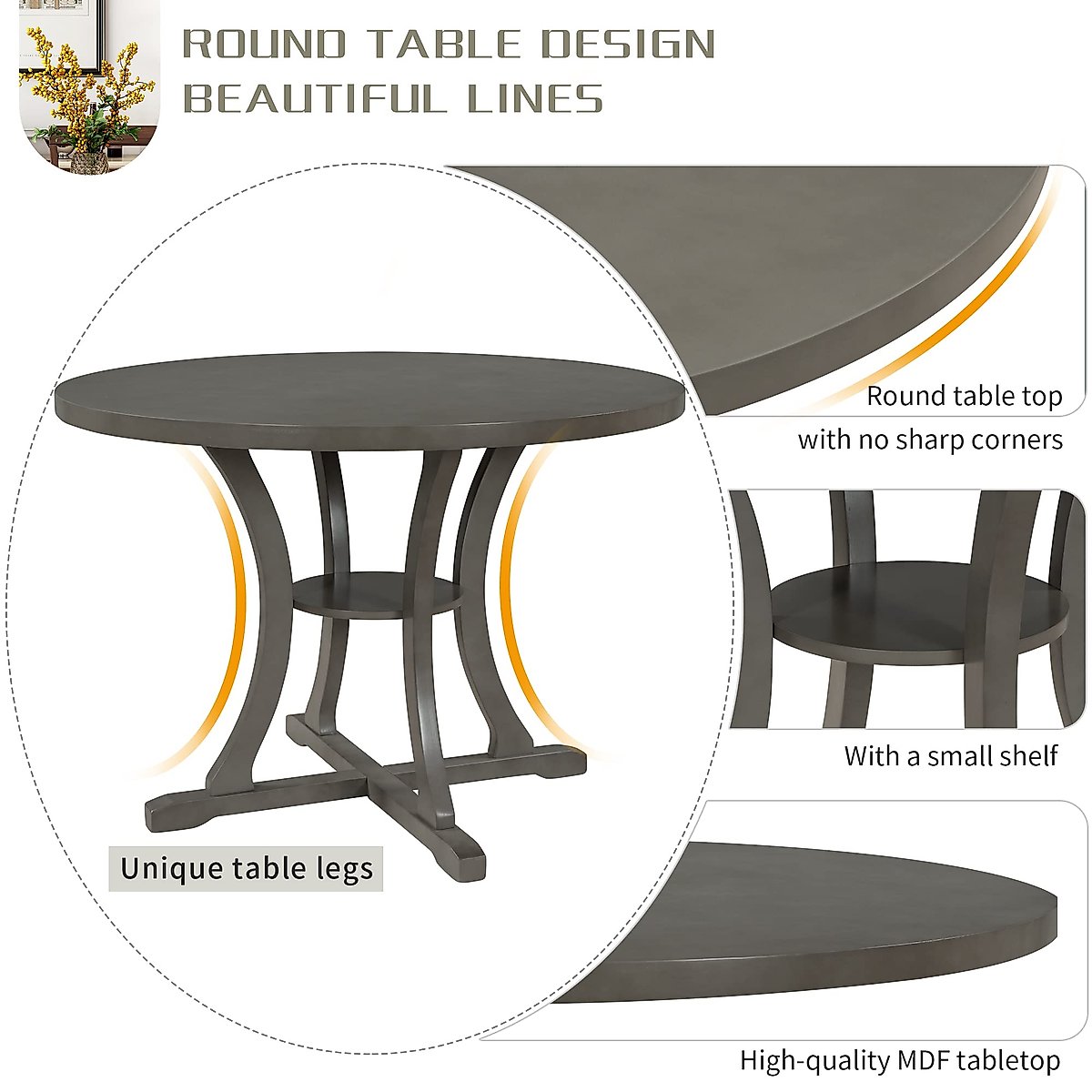 Bellemave 5 Piece Round Dining Table Set for 4 Round Dining Room Table Set with Storage Shelf Retro Round Table with 4 Chairs for Dining Room Dinette Breakfast Nook, Gray