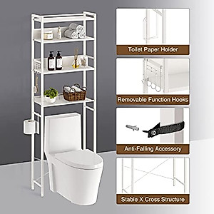 Rolanstar Over The Toilet Storage, 4-Tier Wooden Bathroom Space Saver with Hooks, Freestanding Bathroom Organizer, Multifunctional Over The Toilet Storage Rack, Bathroom Toilet Rack, White