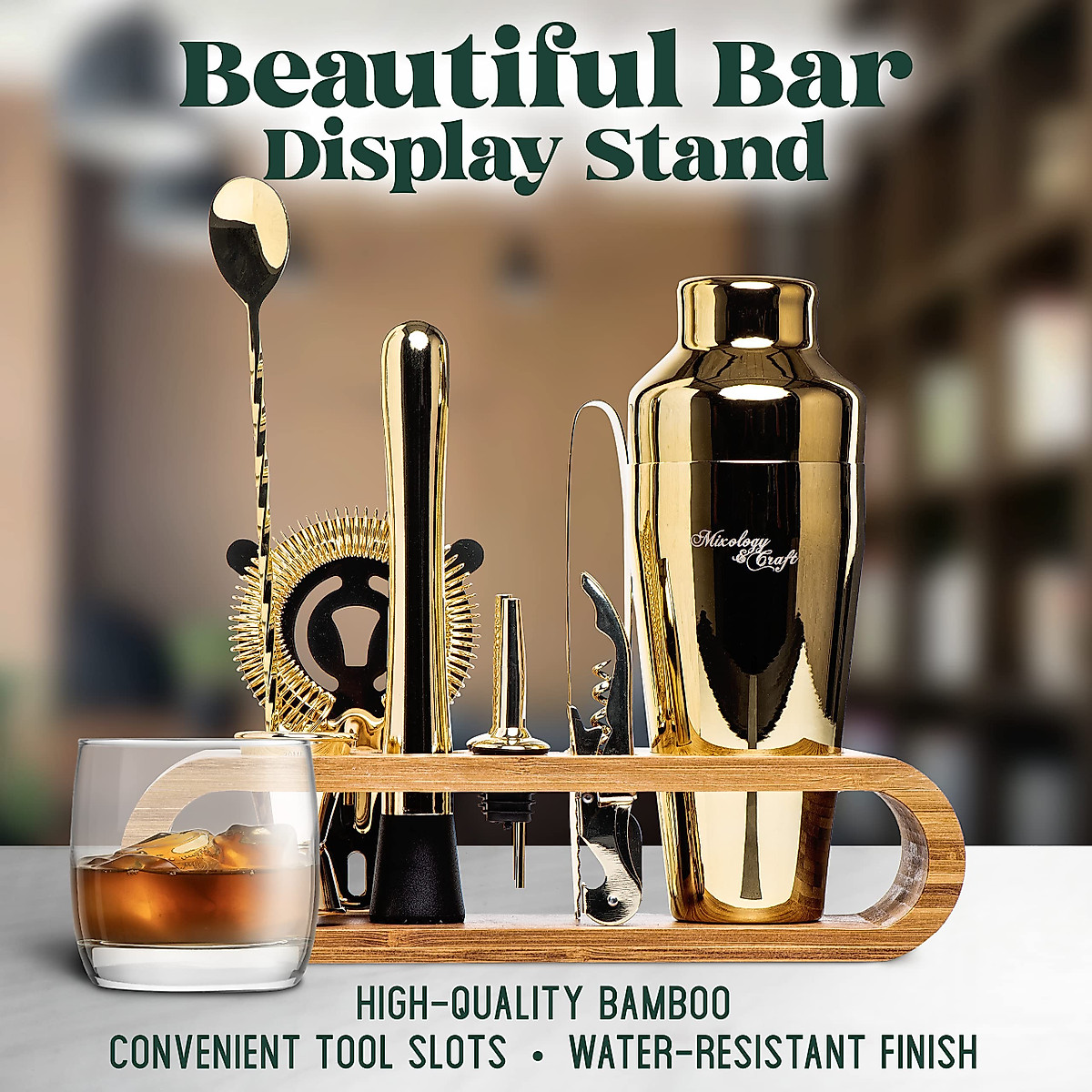 Mixology Bartender Kit: 10-Piece Bar Tool Set with Bamboo Stand | Perfect Home Bartending Kit and Martini Cocktail Shaker Set For a Perfect Drink Mixing Experience | Fun Housewarming Gift (Gold)