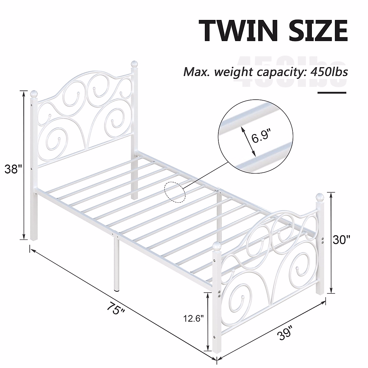 VECELO Twin Size Bed Frame with Headboard and Footboard, Heavy Duty Metal Slat Support, Platform Mattress Foundation, No Box Spring Needed, Easy Assembly, White