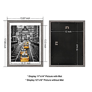 Finefrarm 12x16 Rustic Frames Solid Wood Display Pictures 11x14 with Mat or 12x16 Photo Without Mat, Distressed Wooden Picture Frame Wall Art for Living Room Wall Mounting, Gray