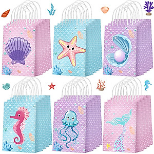 Outus 24 Pcs Mermaid Birthday Party Favor Bags Mermaid Gift Bags Under the Sea Goodie Treat Gift Wrap Bags Kraft Paper Candy Bags for Kids Mermaid Princess Baby Shower Party Supplies