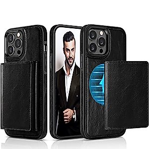 LOHASIC for iPhone 13 Pro Max Wallet Case, Premium Leather Cover Compatible with MagSafe Charger Magnetic Detachable Wallet 5 Card Holder Kickstand Protective Phone Case for Men 6.7 inch - Black