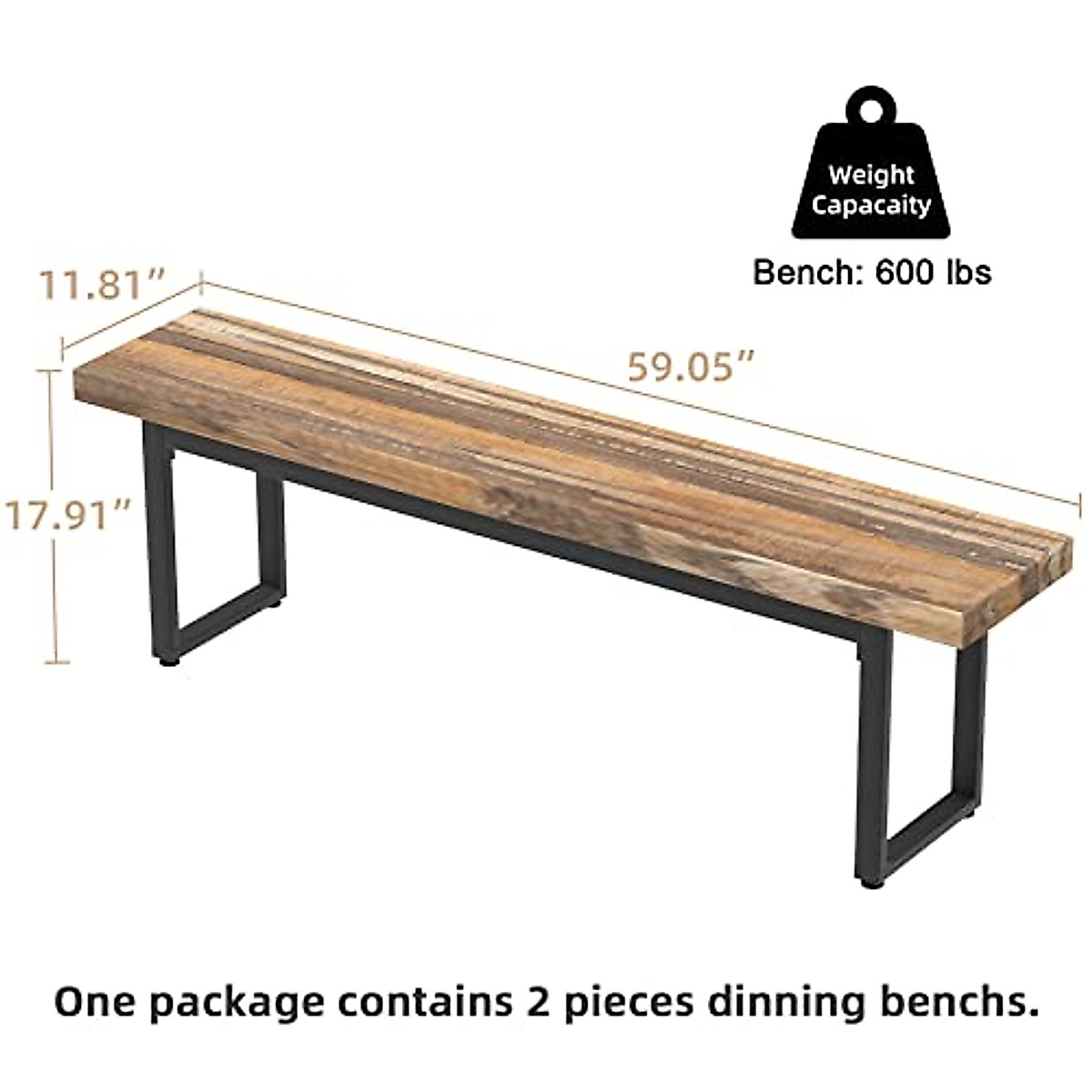 STHOUYN 59” Dining Bench Pair of 2 for 6-8 Person, Farmhouse Indoor Kitchen Table Benches, Bed Bench, Industrial Shoe Bench, Entryway Benches (Brown 2pcs)