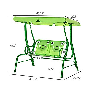 Outsunny Porch Swing for Kids with Adjustable Canopy to Block Sun at Angles, Kids Swing Chair with Seatbelts, Frog Gift for Kids, Tree Bark Brown, for Ages 3-6, Green