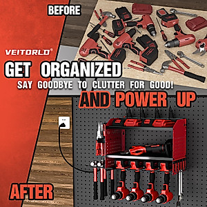 Veitorld Power Tool Organizer with Charging Station, 4 Drill Holders, Heavy Duty Modular Wall Mount Rack for Garage & Shed Organization, Tool Storage Organizer, Gifts for Men Dad Husband Christmas