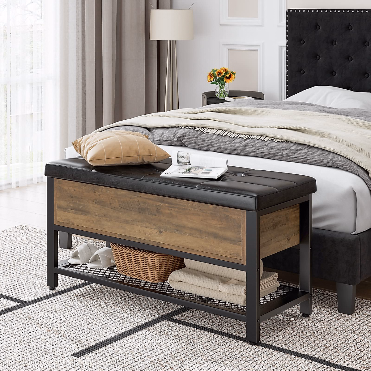 HOSTACK Storage Bench, Entryway Shoe Bench with Flip-Open Storage Box, End of Bed Ottoman Bench with Storage Shelf and Padded Seat for Bedroom, Hallway, Rustic Brown