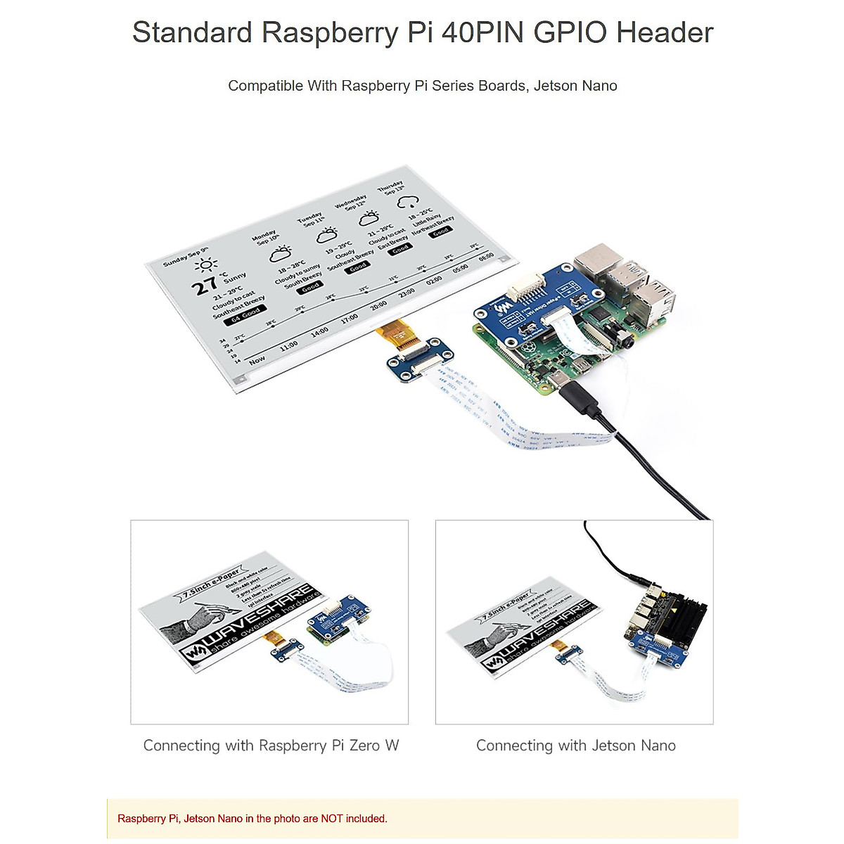 7.5 inch E-Ink display e-Paper HAT Resolution 800×480 SPI interface for Raspberry Pi 3 2 Zero W WH Jetson Nano Arduino @XYGStudy