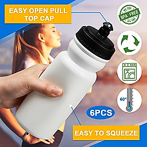 Water Bottle Carrier with 6 Bottles 20 oz Wide Mouth Water Bottles Plastic Sports Water Bottle Squeeze Water Bottles with Black Lid Team Water Bottles with Carrier for Fitness Bike Gym (White)