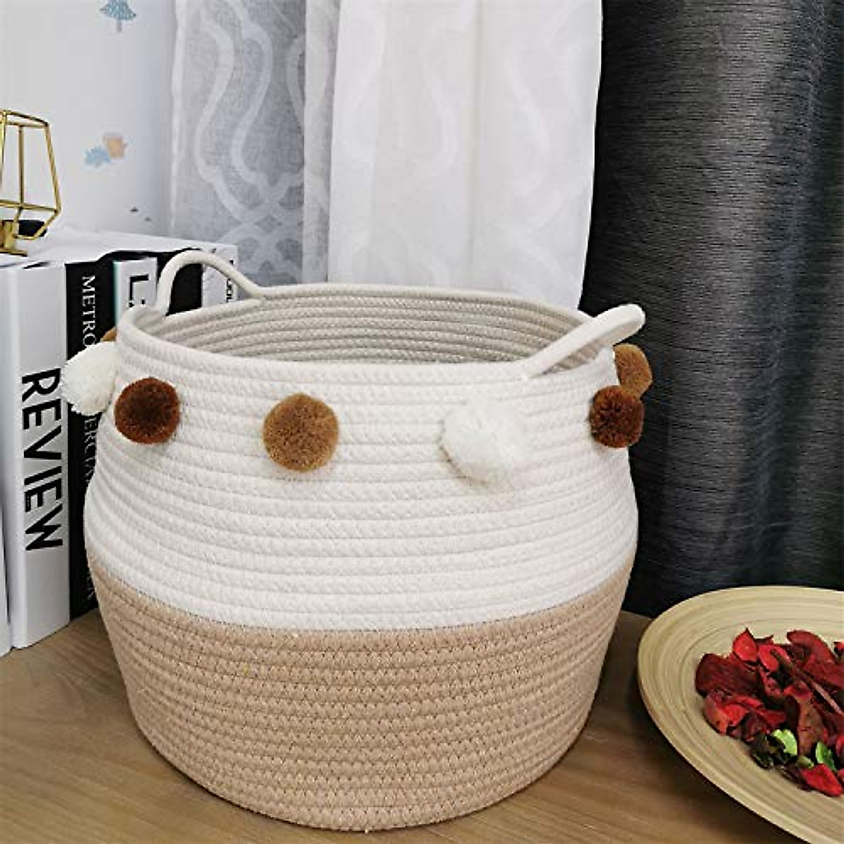 Cotton Rope Woven Round Baskets, Baby Shower Basket with Pom, Shelf Storage Basket, Baby Diaper Caddy Nursery Nappies Organizer, Blanket Laundry Basket Hamper Bin for Living Room