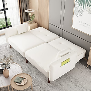 SULOPS Futon Sofa Bed, Folding Couch 3 Seats Convertible Sofabed 75" W Upholstered Sleeper Sofa Bed Couch Modern Fabric Sofa with Pillows for Living Room/Dorm/Office (White)