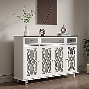 DiDuGo Sideboard with Glass Doors, Mirrored Storage Cabinet with 3 Drawers, Credenza Buffet with Wooden Legs, for Living Room Hallway White (55.1”W x 15.7”D x 35.4”H)