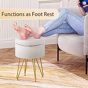 RunLexi Storage Ottoman, Round Footrest Stool Ottoman with Removable Cover & Adjustable Legs, Dutch Velvet Vanity Stool, Soft Padded Seat, Modern Decorative Accent Stool for Makeup, Bedroom, White