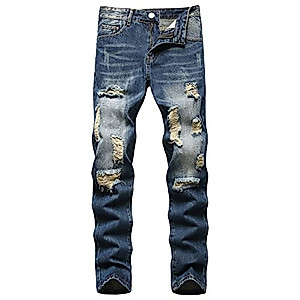 Men's Casual Ripped Jeans Distressed Slim Fit Straight Leg Denim Pants Classic Destroyed Washed Jean Trousers (Blue 1,38)