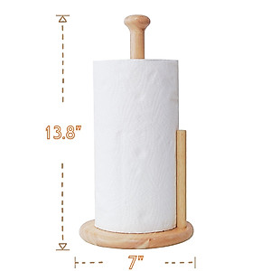 E-ROOM TREND Paper Towel Holder Large Base Dia 7" Wooden Natural Color Countertop with Rubber Wood Round Base Kitchen Bathroom Roll Organizer Wooden Paper Holder Stand for Dining Table Home (ZJ281Y)