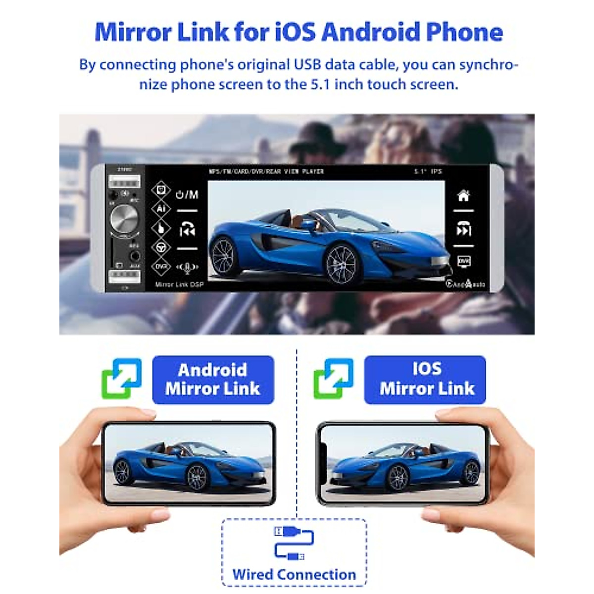 Single Din Car Stereo Compatible with Apple Carplay & Android Auto, Hikity 5.1 Inch Touchscreen Car Stereo Blueooth, Mirror Link, FM, Siri, SWC, USB/AUX/TF Input, Mic, Backup Camera