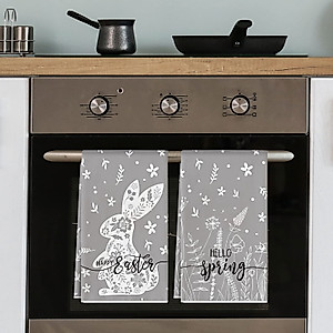 AnyDesign Easter Spring Kitchen Towel Gray Farmhouse Easter Bunny Rabbit Floral Dish Towel 18 x 28 Inch Rustic Hand Drying Tea Towel for Cooking Baking Cleaning Wipes, Set of 2