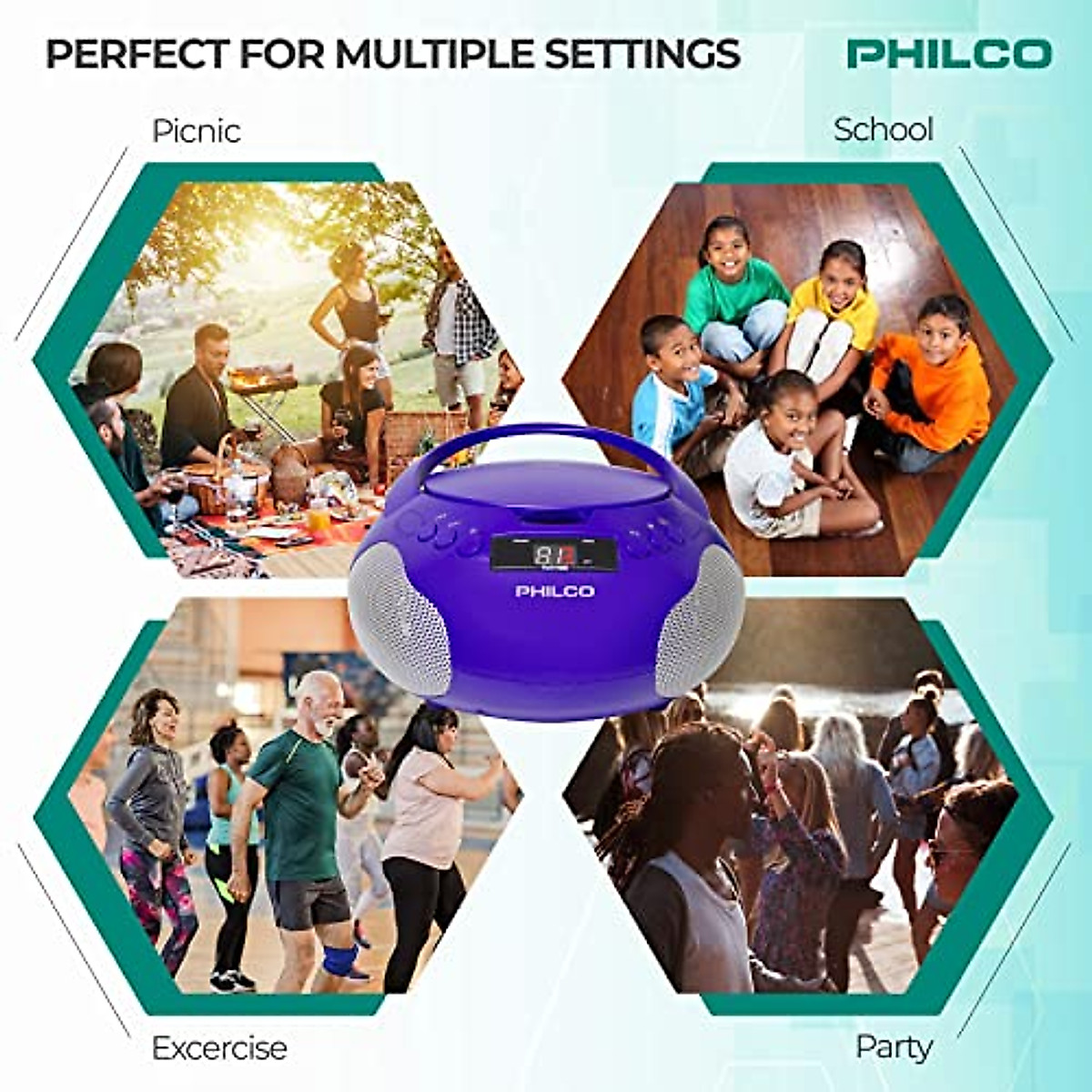 Philco Portable CD Player Boombox with Speakers and AM FM Radio | Purple Boom Box CD Player Compatible with CD-R/CD-RW and Audio CD | 3.5mm Aux Input | Stereo Sound | LED Display | AC/Battery Powered
