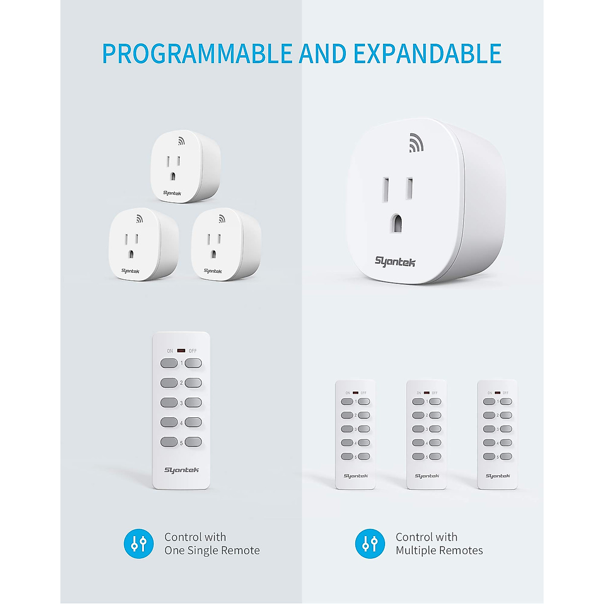 Syantek Remote Control Outlet Wireless Light Switch for Household Appliances, Expandable Remote Light Switch Kit, Up to 100 ft Range, FCC Certified, ETL Listed, White (5 Outlets + 2 Remotes)