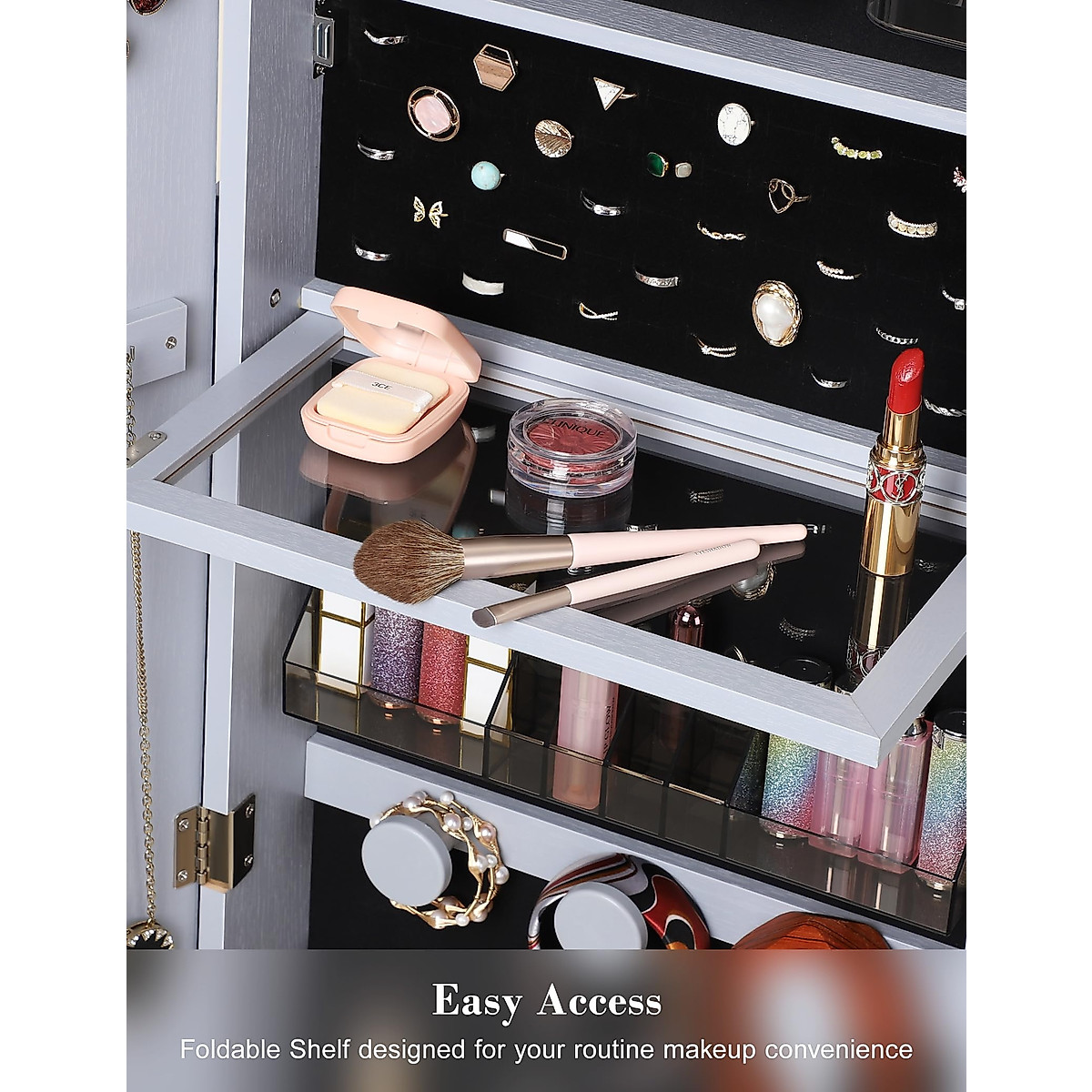 Nicetree 360° Swivel Jewelry Cabinet with Lights, Touch Screen Vanity Mirror, Rotatable Full Length Mirror with Jewelry Storage, Standing Jewelry Armoire Organizer, Foldable Makeup Shelf,Gray