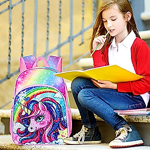 FTJCF 3PCS Unicorn Backpack, 16" Girls Rainbow Sequins Kids Bookbag with Lunch Box, School Bags for Elementary Preschool Kindergarten - Pink