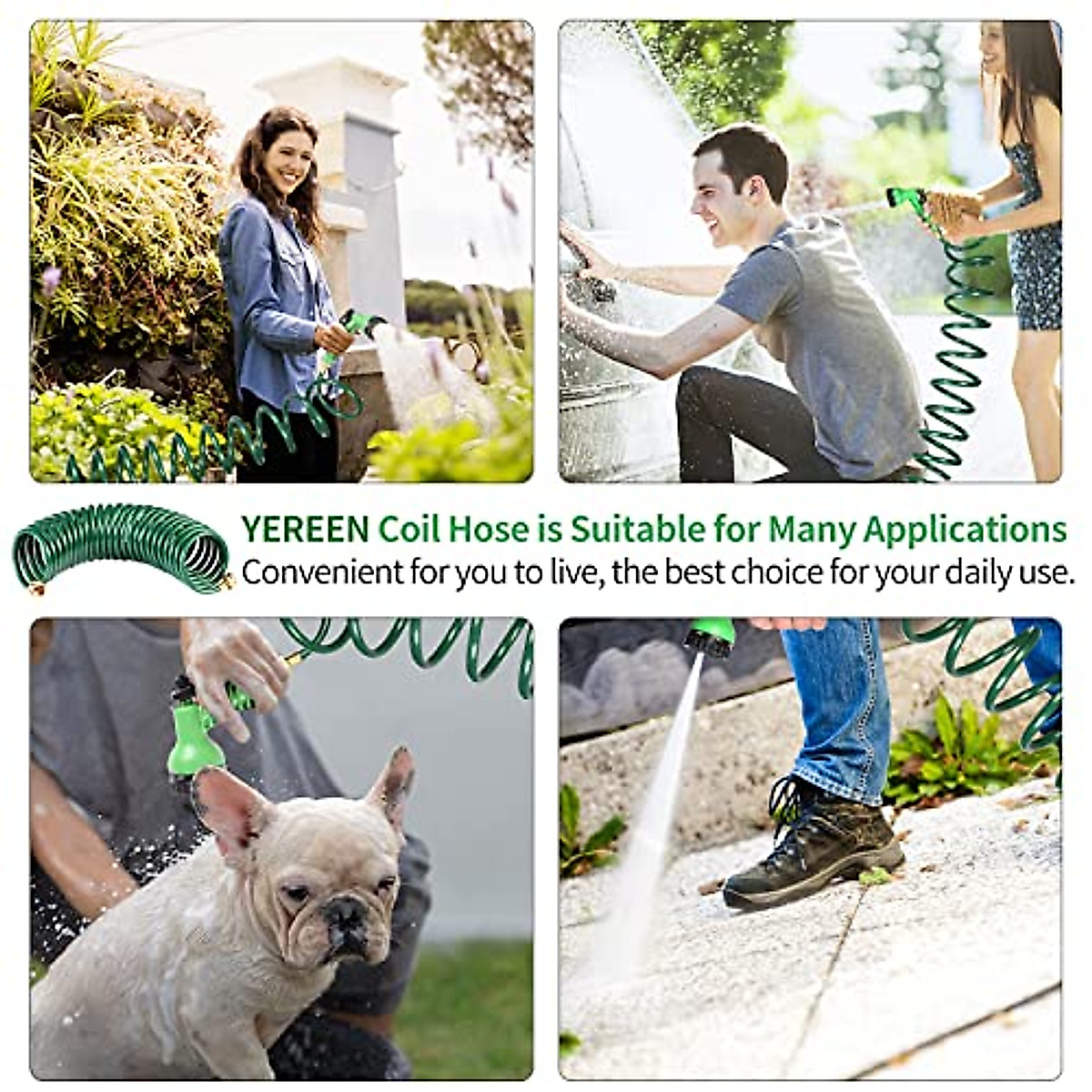 Yereen Coil Garden Hose 25FT, EVA Recoil Garden Hose, Heavy Duty Self-coiling Hose Coil with Corrosion-resistant Solid Brass Fittings, Retractable Collapsible Water Hose with 7 Function Water Sprayer