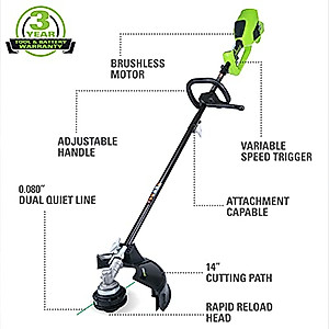 Greenworks 40V 14" Brushless Cordless (Attachment Capable) String Trimmer, 2.0Ah Battery and Charger Included