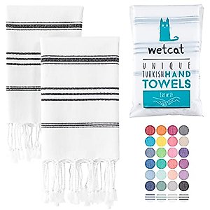 WETCAT Turkish Hand Towels with Hanging Loop (20 x 30) - Set of 2, 100% Cotton, Soft - Pre Washed Boho Farmhouse Kitchen Towels - Unique Decorative Hand Towels for Bathroom (Black & White)