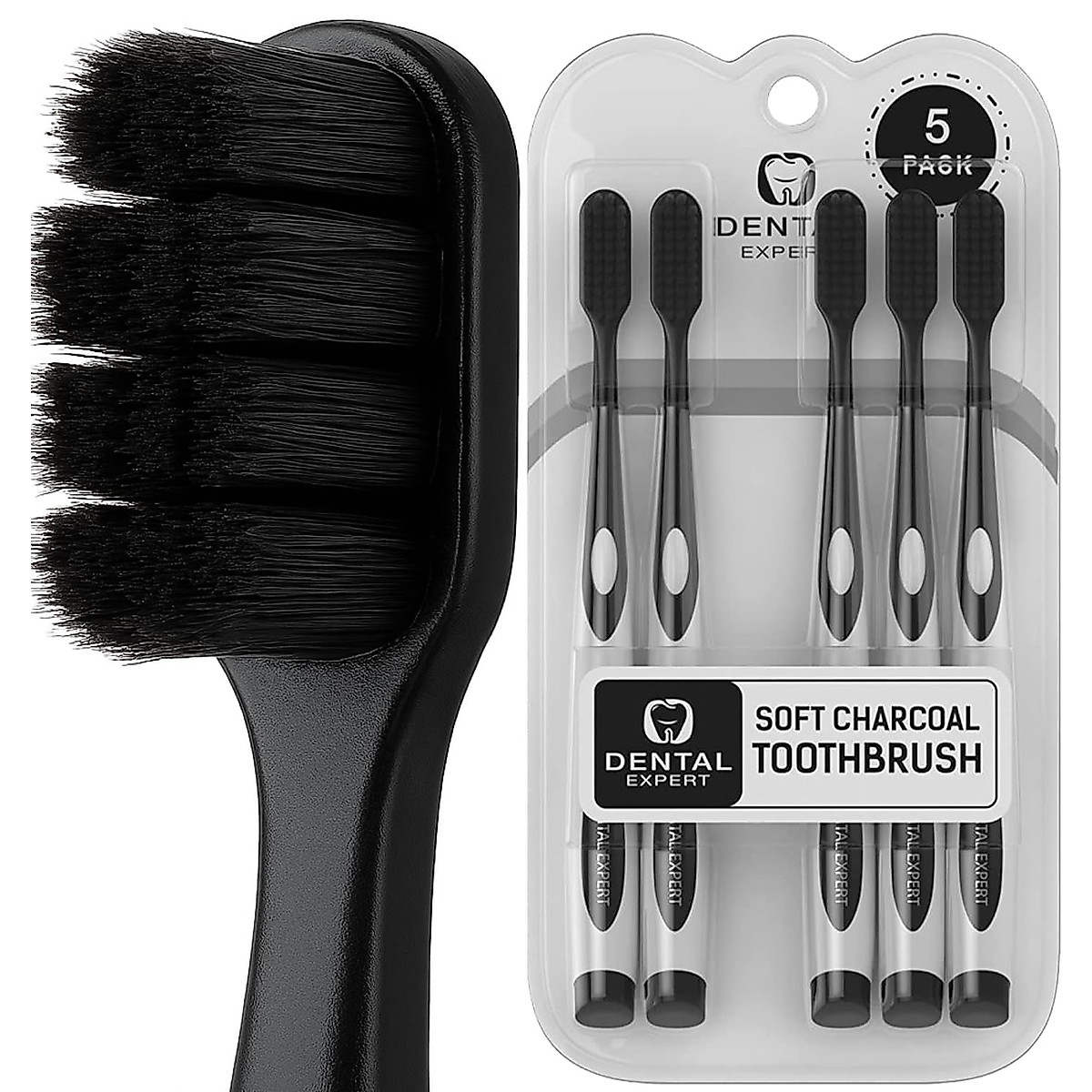 Dental Expert Charcoal Toothbrush [Gentle Soft] Slim Teeth Head Whitening Brush for Adults & Children [Family Pack] - Ultra Soft Medium Tip Bristles (Black)