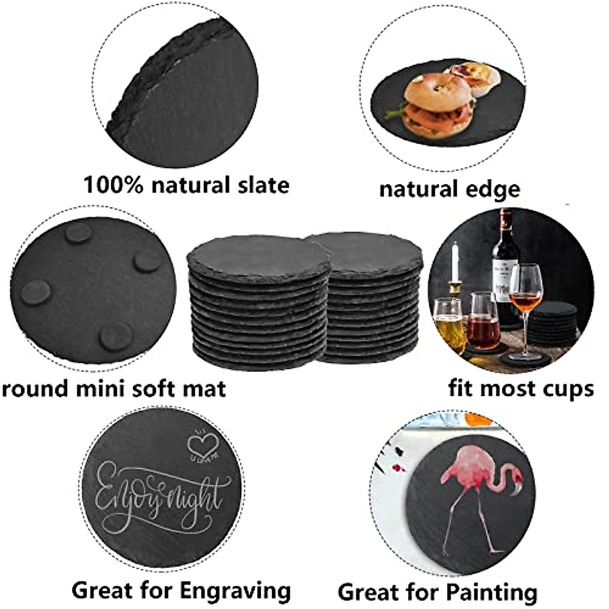 MAPRIAL 24 Pieces Slate Coasters, 4 Inch Round Coasters for Drinks Rustic Coasters Set Black Stone Coasters Bulk with Anti-Scratch Backing for Bar, Housewarming Gifts, DIY, Home Decor, Table, Cup