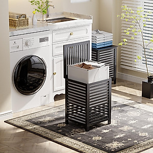 SMIBUY Double Laundry Hamper with Lid, 120L Bamboo Laundry Basket with Removable Liner Bag, 2-Section Clothes Divider Laundry Sorter for Laundry Room, Bathroom, Bedroom (Black)