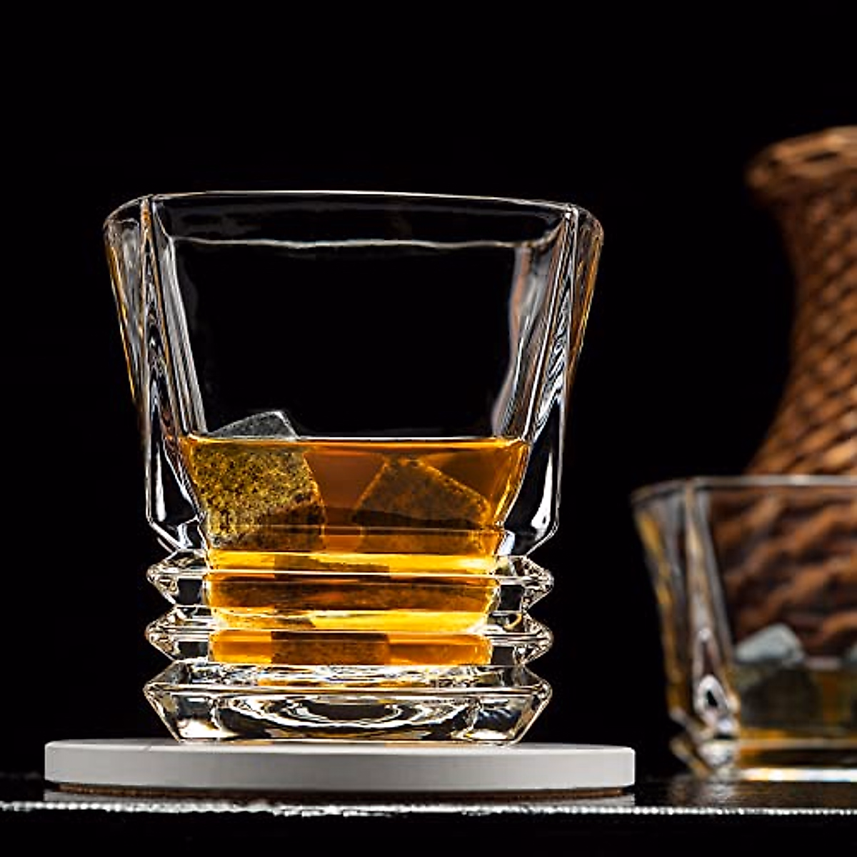 KANARS Whiskey Glass 9 Oz, Set of 4 Crystal Rock Glasses for Scotch Bourbon Liquor Snifter Brandy Rum, Square Whisky Tumblers for Men Dad