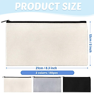99 Pack Blank Canvas Bag Bulk DIY Craft Canvas Zipper Pouch Sublimation Blanks Canvas Makeup Bag Canvas Pouch Pencil Bag Cosmetic Travel Toiletry Storage Zipper Bag 8.3 x 5 Inch(Gray, Black, White)