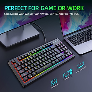 Fuegobird Gaming and Office Keyboard, USB Wired High Performance, RGB Backlit, Compact 87 Keys Low Caps for Windows, Mac, Android