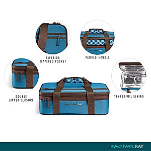 Rachael Ray Expandable Insulated Casserole Carrier for Hot or Cold Food, Thermal Lasanga Lugger Tote for Pockluck, Parties, Picnic, and Cookouts, Fits 9" x 13" Baking Dish, Bias Plaid Marine Blue