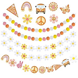 6 Pcs Groovy Party Daisy Felt Garland Set, 13 Feet Colorful Pom Pom Garlands with Boho Banners for Birthday, Baby Shower, Groovy Party, Retro Hippie Boho Party, Daisy Party Decorations Supplies