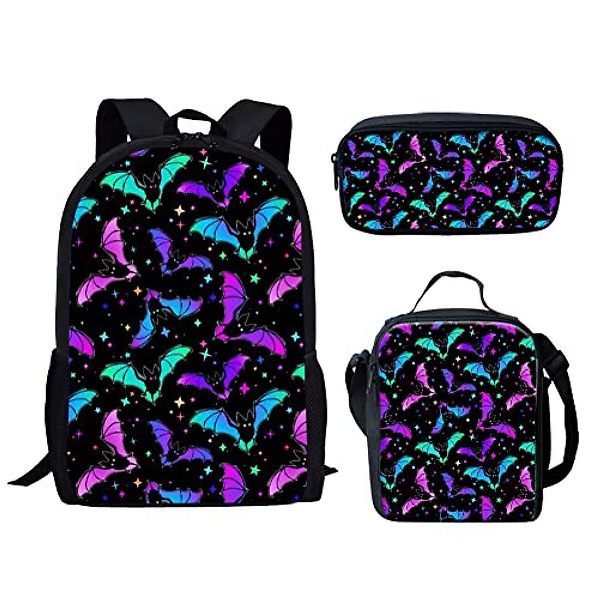 Bulopur Colorful Bats School Backpacks for Teen Girls, Sratty Night Bookbag 3Pcs Lunch Bag Pencil Case, Multicolor Durable Kids Boys Rucksack Student School Bag Set