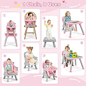 HONEY JOY 8 in 1 Baby High Chair, Convertible Highchair for Babies and Toddlers/Table and Chair Set/Building Block Table/Booster Seat/Stool/Toddler Chair with Safety Harness (Pink)