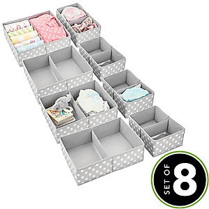 mDesign Fabric Drawer Organizer Bins, Kids/Baby Nursery Dresser, Closet, Shelf, Playroom Organization, Hold Clothes, Toys, Diapers, Bibs, Blankets, Set of 2, 4 Pack, Gray/White Polka Dot