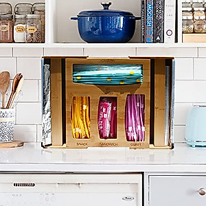 Expandable Bamboo Ziplock Bag Organizer, Drawer Organizer, Slide Cutters for Aluminum Foil and Plastic Wrap, Sandwich and Freezer Bags