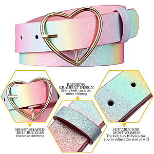 SATINIOR Rainbow Belt PU Leather Waist Belt Women Girls Glitter Belt with Heart Buckle Adjustable Shiny Dress Belt for Jeans Dress