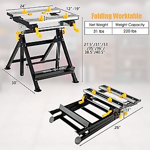 IRONMAX Portable Workbench, Folding Work Table with 7-Level Height Adjustable, 8 Sliding Clamps and Reclining, Folding Workbench and Vise for Cutting, Saw, Paint