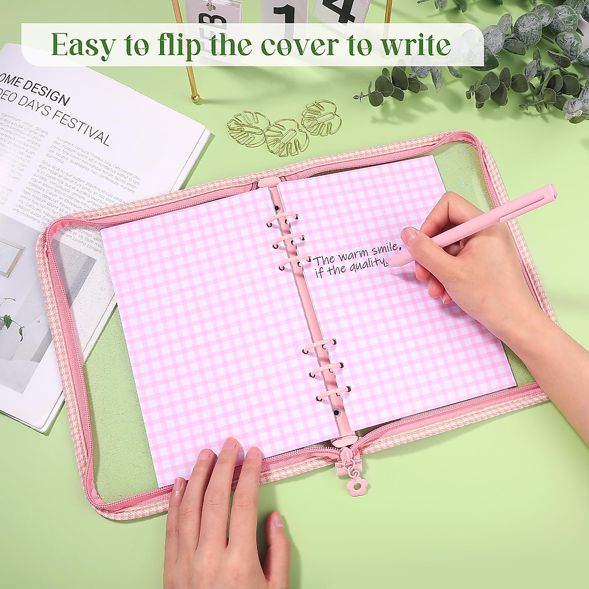 NEWEST A5 Notebook Binder Cover with Zipper, Plaid Pattern 6 Ring Refillable Planner Binder Shell, Clear Glitter PVC Loose Leaf Binder Wallet for Journal Album Diary Budget Folder DIY Cover, Purple