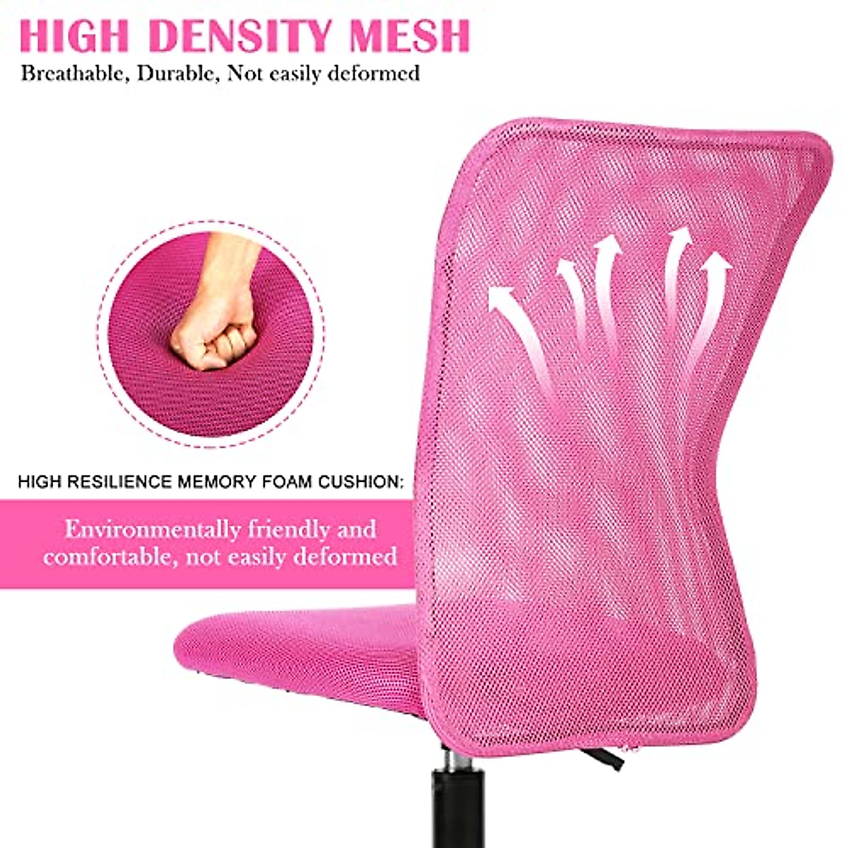 FLL Armless Task Office Chair Ergonomic Computer Desk No Arms Swivel Rolling Chair,Mid Back Executive with Lumbar Support Height Adjustable for Adults(Pink), 20.2 x 16.5 x 40.1 inches