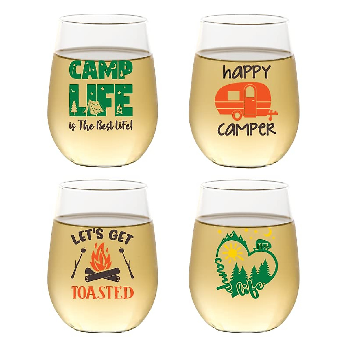 Set of 4 Shatterproof Designer 16 oz Plastic Wine Glasses MADE in the USA (CAMPING)